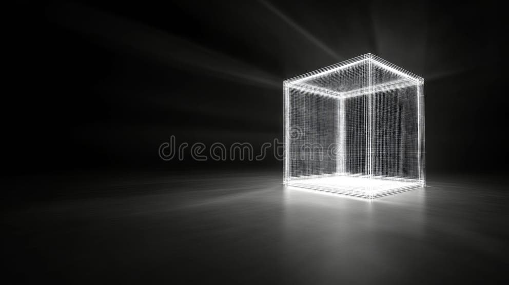 Light Beams Illuminating Glowing Wireframe Cube in Dark Space, Creating ...