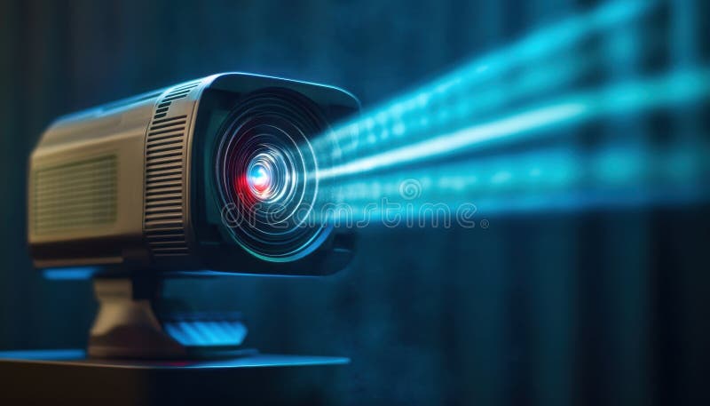 A Projector Displaying Blue Light Beams in a Dimly Lit Room Stock Photo ...