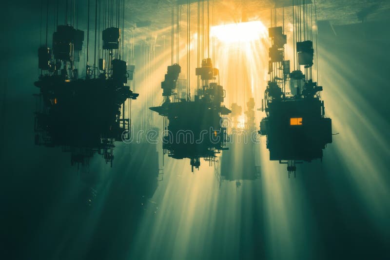 Light Beams Shine through Industrial Structures in an Underground Space ...