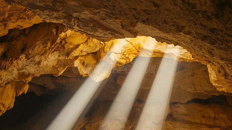Light Beams Shine through the Opening of a Cave, Illuminating the Rough ...