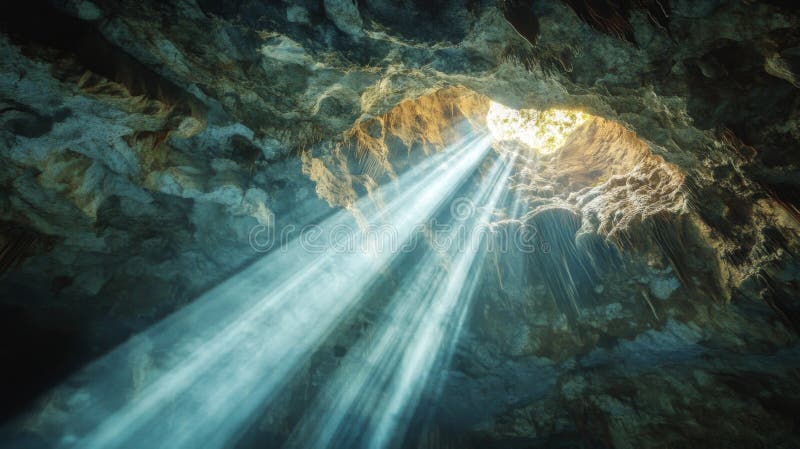 Light Beams Streaming through an Opening in a Cave Ceiling Stock ...