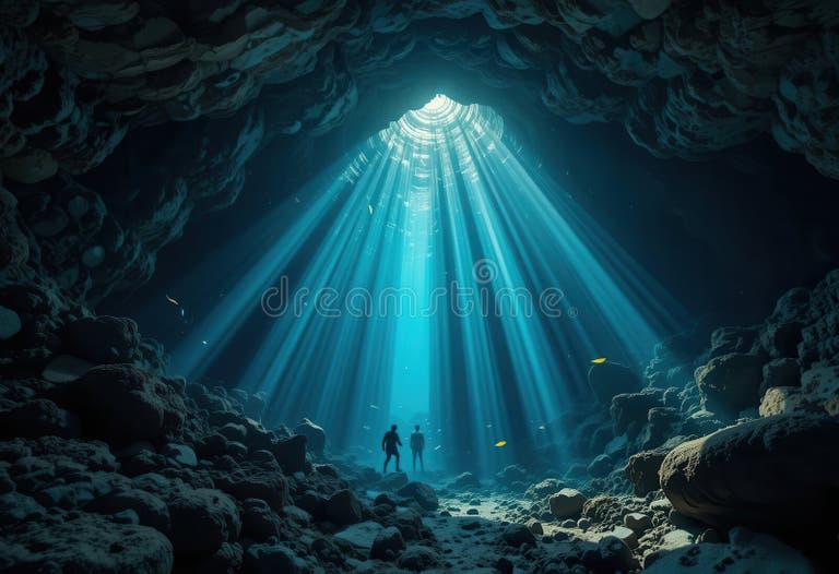 Light Beams Streaming through Underwater Cave with Divers Exploring ...