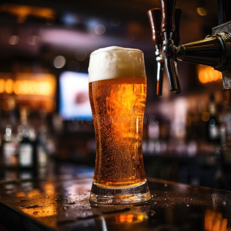 A Light Beer that is Poured from Beer Tap on Bar Counter Stock ...