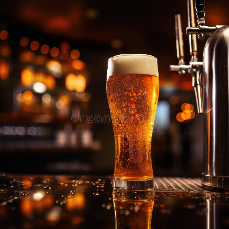 A Light Beer that is Poured from Beer Tap on Bar Counter Stock ...