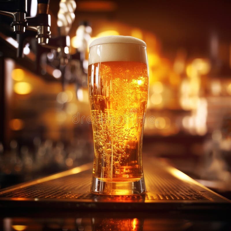 A Light Beer that is Poured from Beer Tap on Bar Counter Stock ...