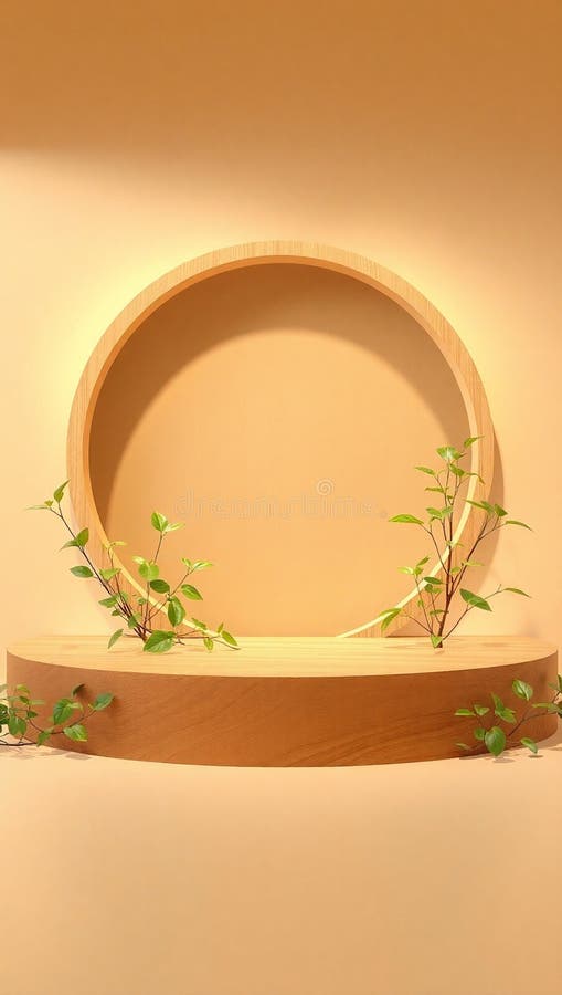Light Beige Background Wooden Circular Display Platform with Small ...