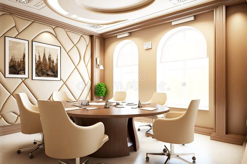 Light Beige Brown Office with Comfortable Conference Table Stock ...