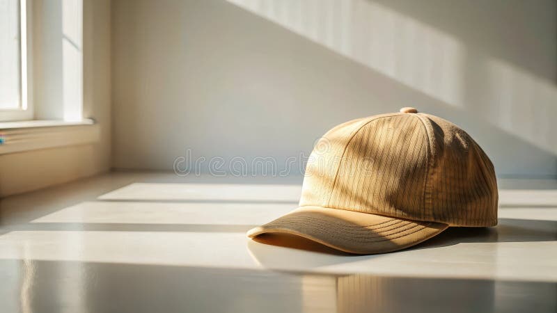 A Light Beige Cotton Baseball Cap Rests on a Sunlit Surface, Showcasing ...