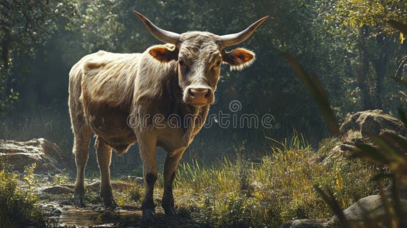Light Beige Cow in a Shady Forest Stock Illustration - Illustration of ...