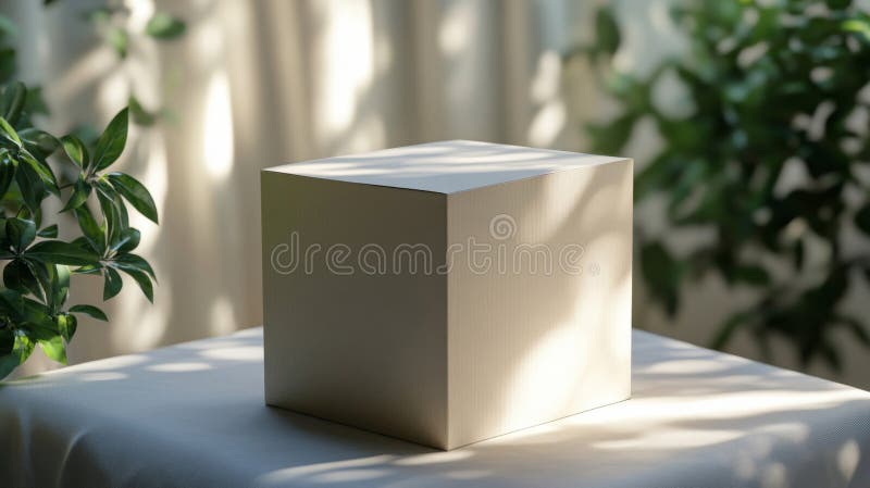 Light Beige Cube Display with Plants in the Background Stock ...