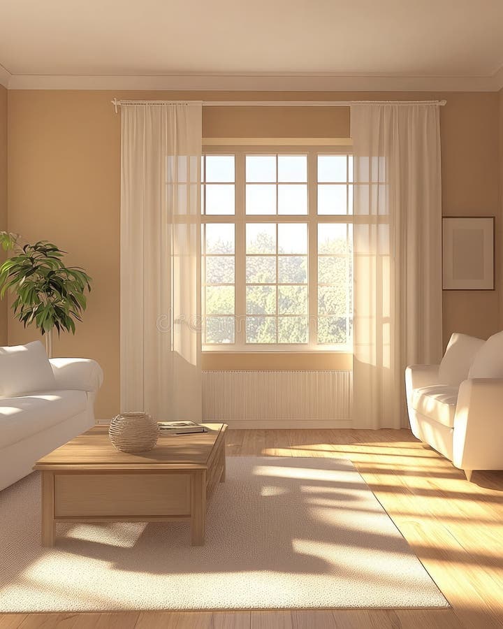 Light Beige Living Room Interior with a Large Window Stock Illustration ...