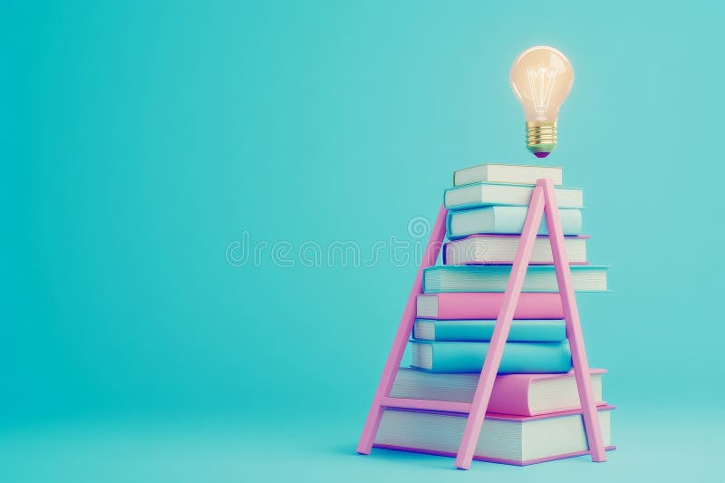 Light Blue Background with Books, Ladders, and Lightbulb. 3D Rendering ...
