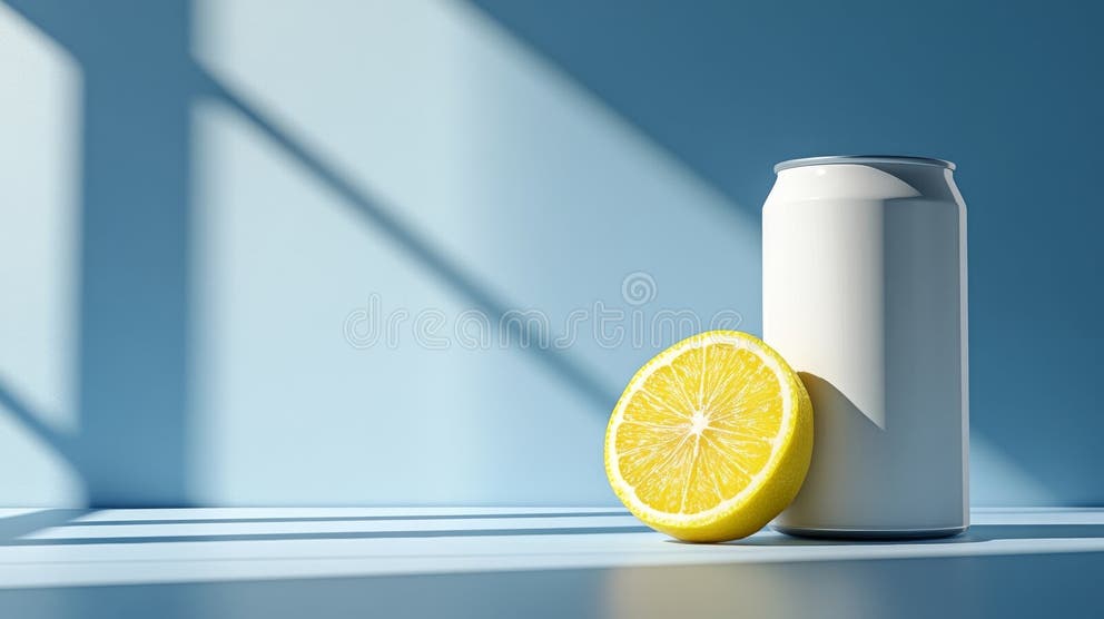 A Light Blue Background Features a Blank White Soda Can and a Lemon ...