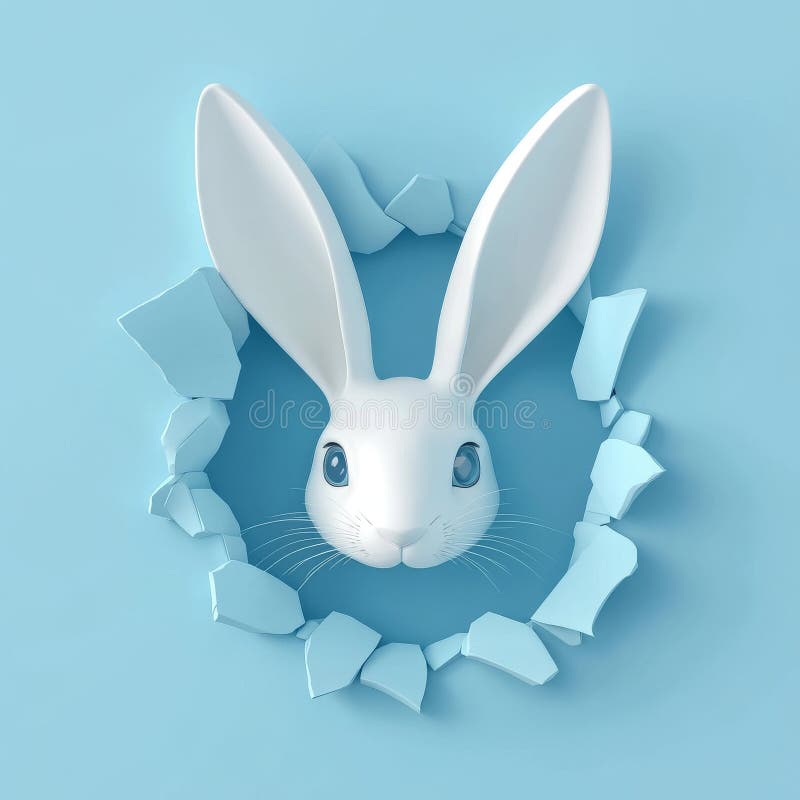 A Light Blue Background Features a Round Hole with Fluffy White Rabbit ...