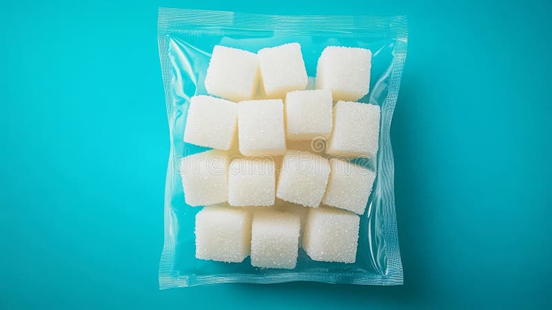 A Light Blue Background Features Sugar Cubes Packaged in a Plastic Bag ...