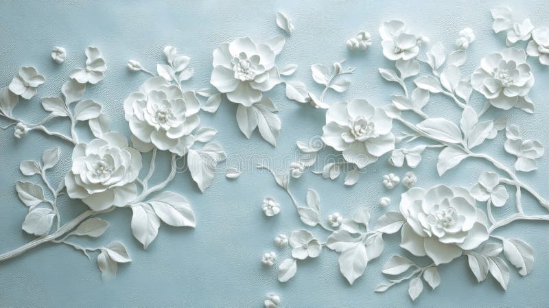 A Light-blue Background Featuring a 3D Rendered White Floral Bas-relief ...