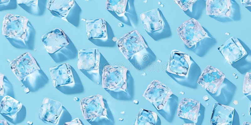 Light Blue Background with Ice Cubes Scattered on it, in a Flat Lay ...