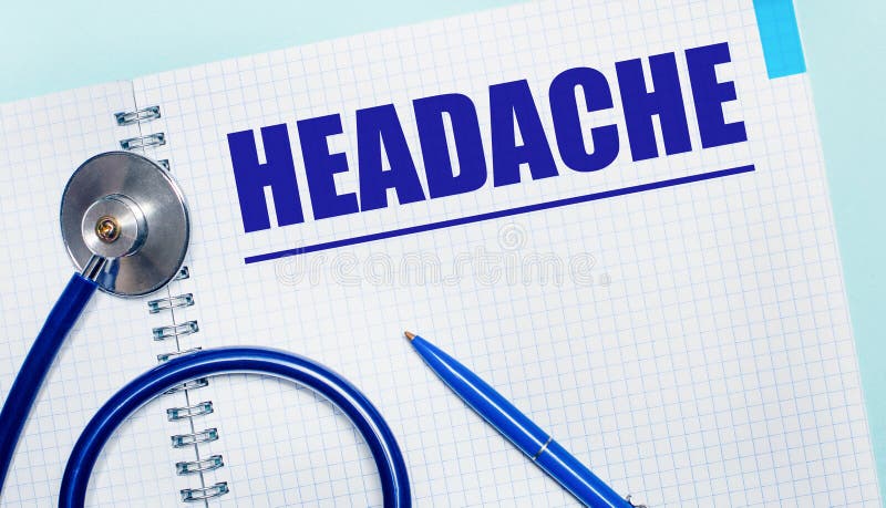 On a Light Blue Background, an Open Notebook with the Word HEADACHE, a ...