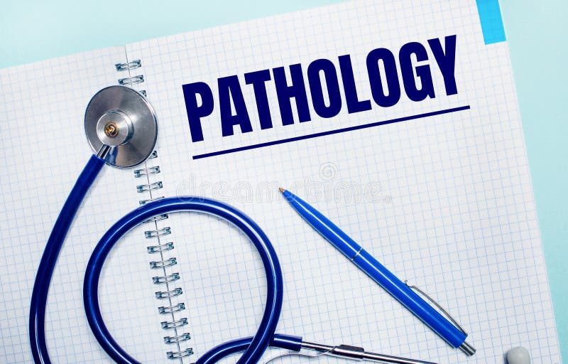 On a Light Blue Background, an Open Notebook with the Word PATHOLOGY, a ...