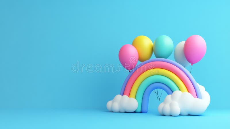 A Light Blue Background with a Pastel Rainbow Arch, Balloons, and ...