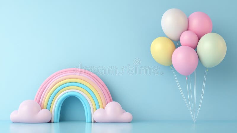 On a Light Blue Background, a Pastel Rainbow Arch is Surrounded by ...