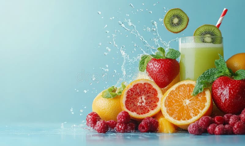 On a Light Blue Background, a Splash of Vibrant Fruit and Juice is ...