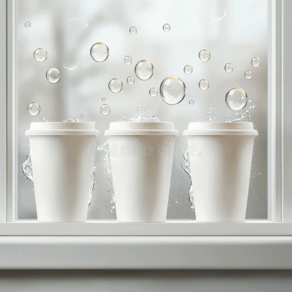 On a Light Blue Background, White Cups and Falling Round Objects are ...