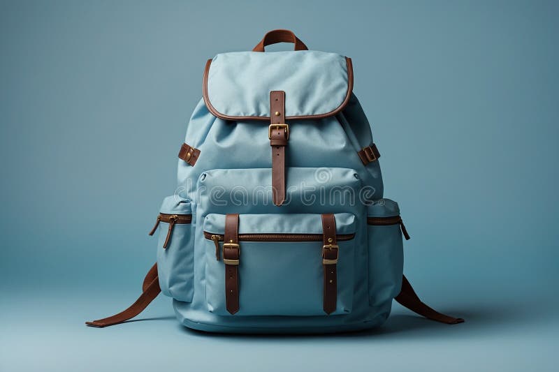 Light Blue Backpack Made of Fabric and Brown Stripes of Leather ...