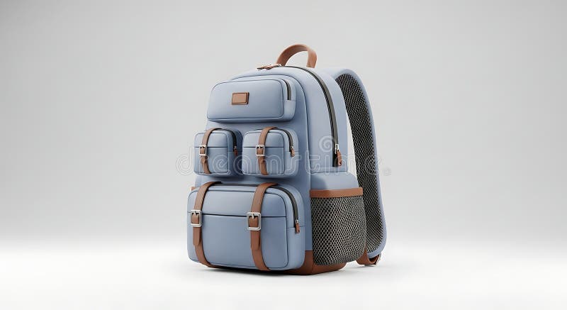 Light Blue Backpack with Multiple Pockets and Mesh Side Panels on White ...