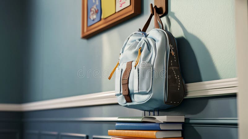 Blue Backpack Hanging on Hook with School Books in Classroom Setting ...