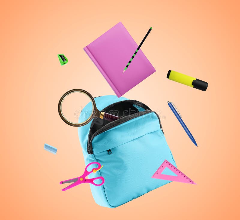 Light Blue Backpack and School Stationery in Air on Pale Coral ...