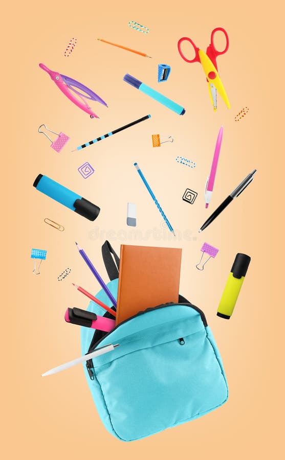 Light Blue Backpack and School Stationery in Air on Pale Orange ...
