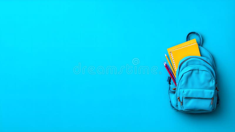 Light Blue Backpack with School Supplies on Vivid Blue Background Stock ...