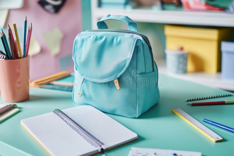 A Light Blue Backpack Sits on a Desk Surrounded by Stationery and a ...