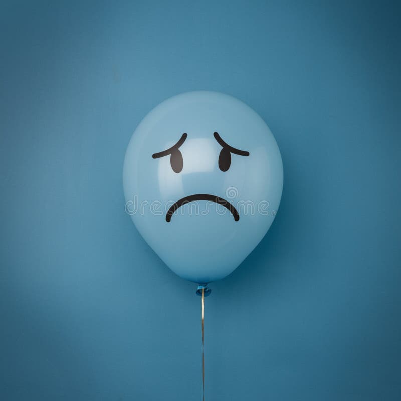 Light Blue Balloon with Sad Face Floating Against Solid Blue Background ...