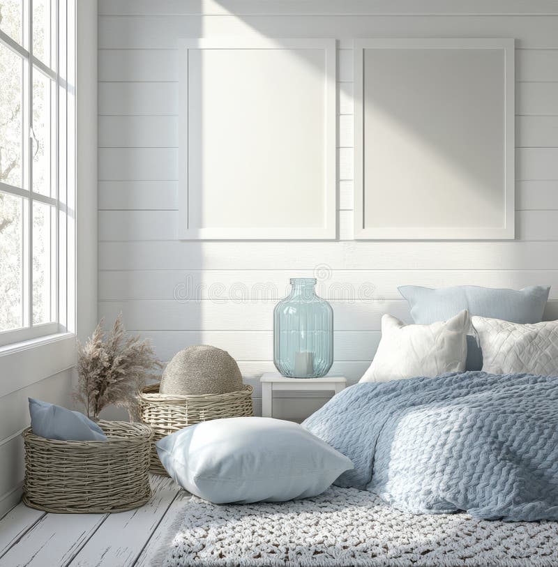 Bright Minimalist Bedroom with Light Blue Bedding and Sunlight Stock ...