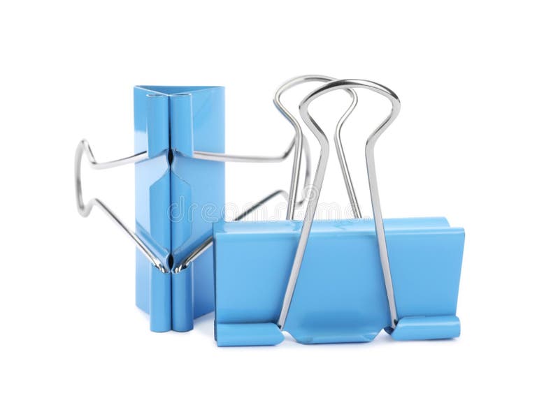 Light Blue Binder Clips on White Background. Stationery Stock Photo ...