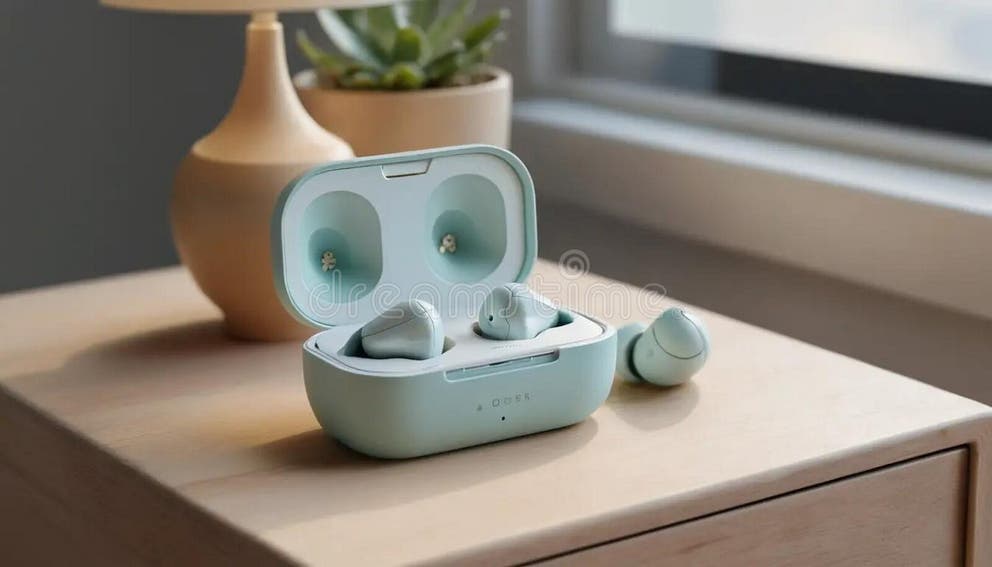 A Light Blue Bluetooth Headset Placed on a Wooden Table is Proof of ...