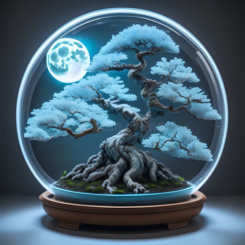 Light Blue Bonsai and Moon Inside the Glowing Terrarium - Generated by ...