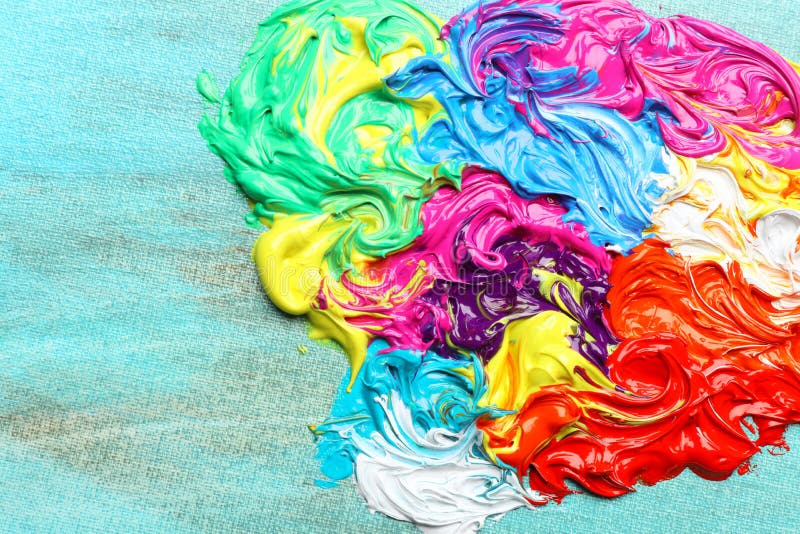 Light Blue Canvas with Mixed Colorful Acrylic Paints, Top View Stock ...