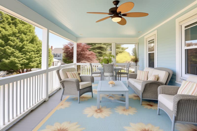 Light Blue Cape Cod, Porch with Ceiling Fans and Outdoor Rug Stock ...