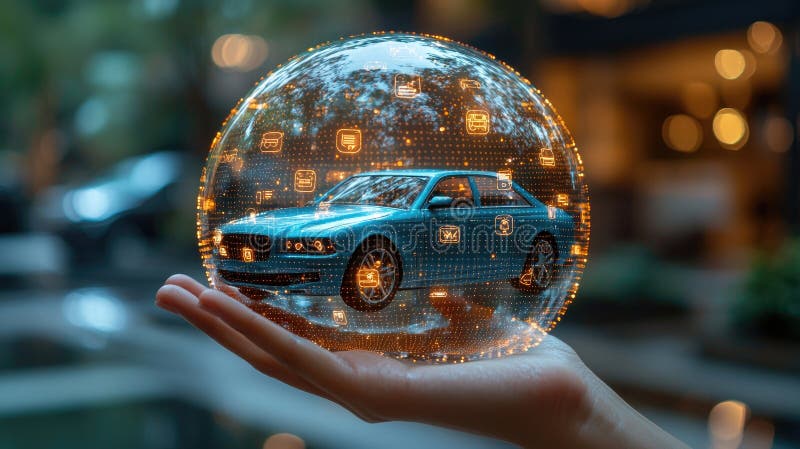 Futuristic Car in Digital Sphere Held by Hand Innovative Transport ...