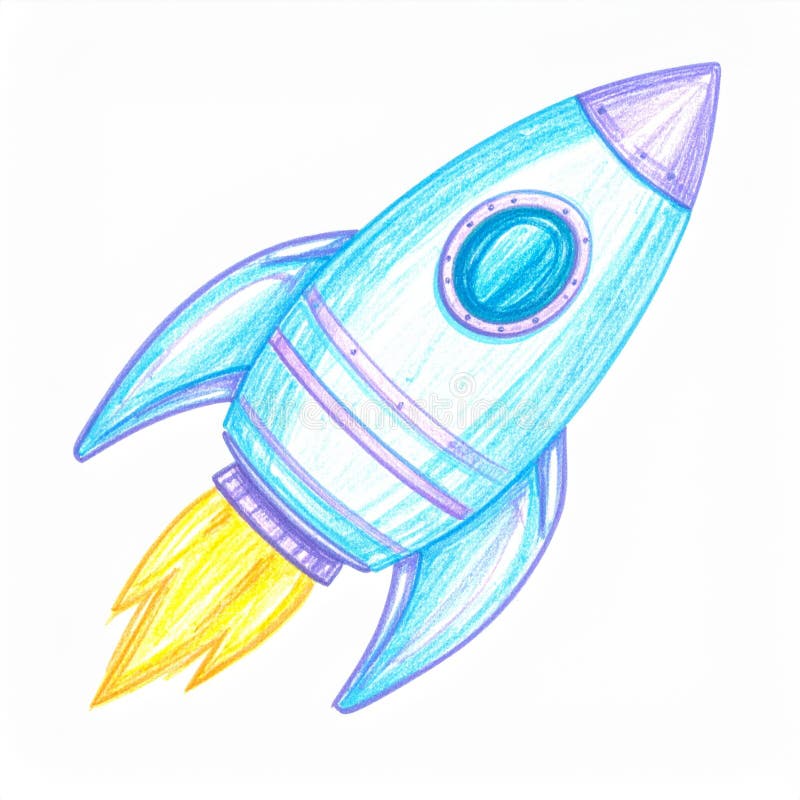 Light Blue Cartoon Rocket Launching with Yellow Flame Stock ...