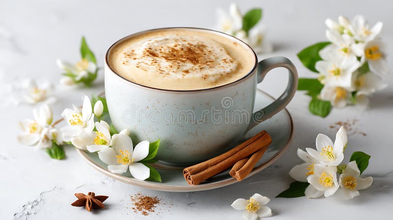 A Light Blue Ceramic Cup is Filled with Frothy Cappuccino, Sprinkled ...