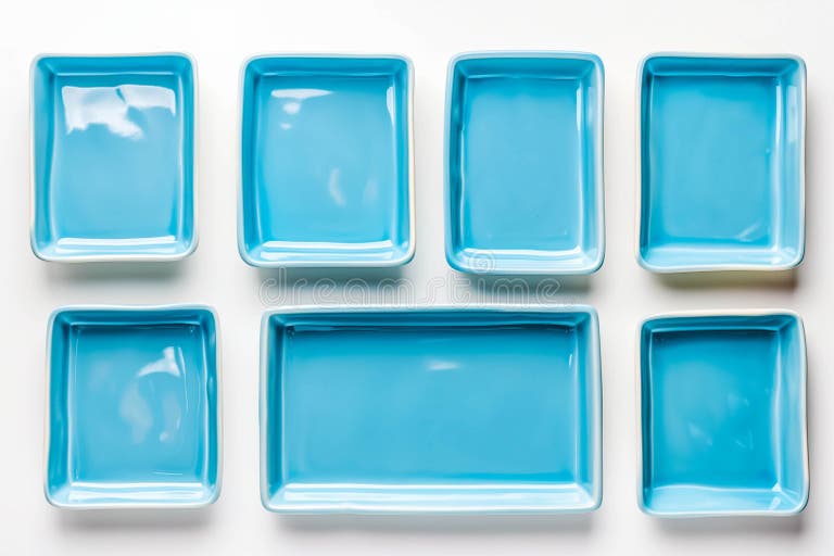 Light Blue Ceramic Trays Displayed on White Background, Top View of ...