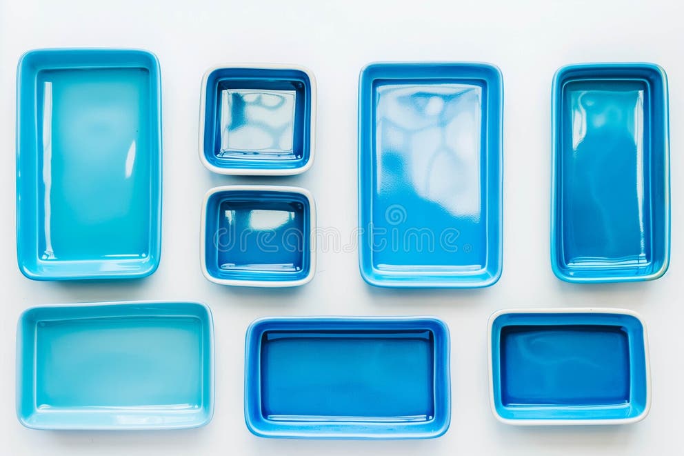 Light Blue Ceramic Trays Displayed on White Background, Top View of ...