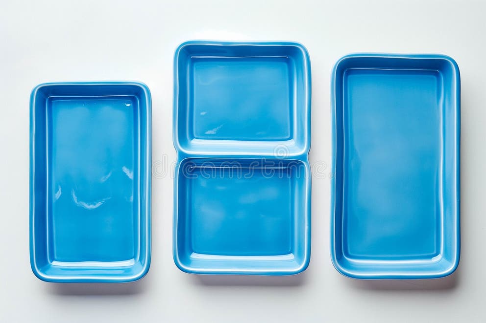 Light Blue Ceramic Trays Displayed on White Background, Top View of ...