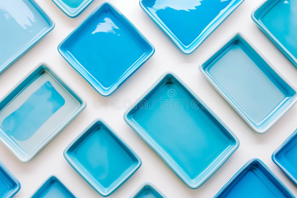 Light Blue Ceramic Trays Displayed on White Background, Top View of ...