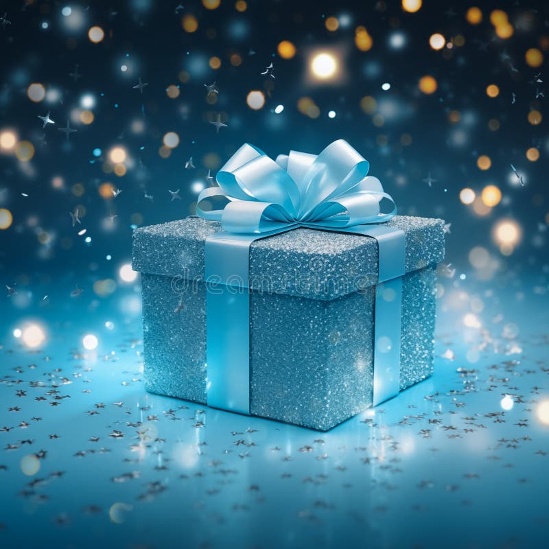 Light Blue Christmas Gift on a Blue Background with Golden Sparkles ...