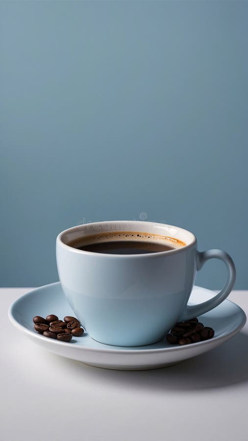 A Light Blue Coffee Cup, Filled with Dark Coffee, is Sitting on a Blue ...